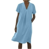 Enjoytime Summer Dresses for Women Solid Color V-Neck Short Sleeve Midi ...