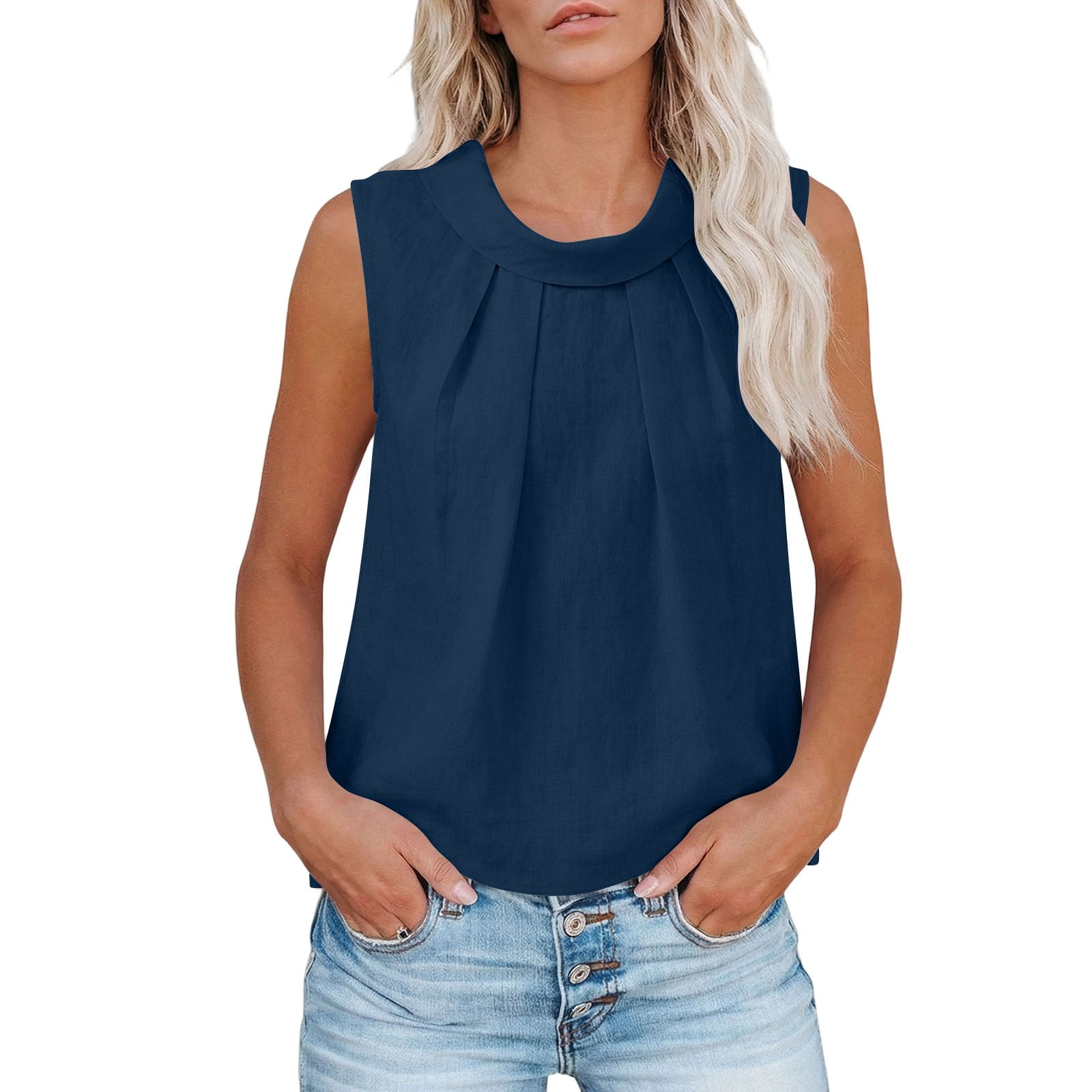 Enjoytime Summer Tops for Women Solid Color Crewneck Pleated Sleeveless ...