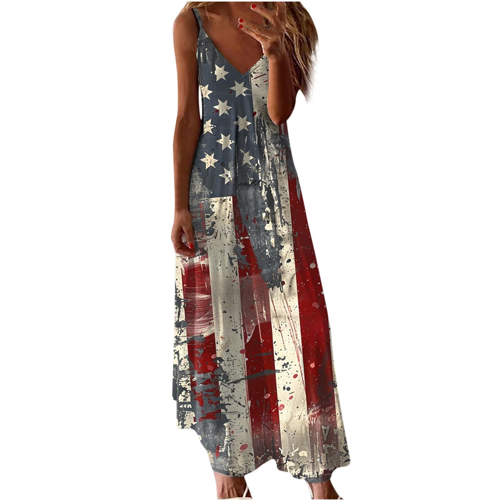 Enjoytime Sun Dresses For Women 2024 4Th Of July Flag Print Beach Cover ...