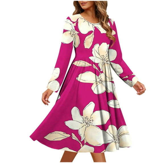 Enjoytime Sundresses for Women Floral Printed Round Neck Long Sleeve ...