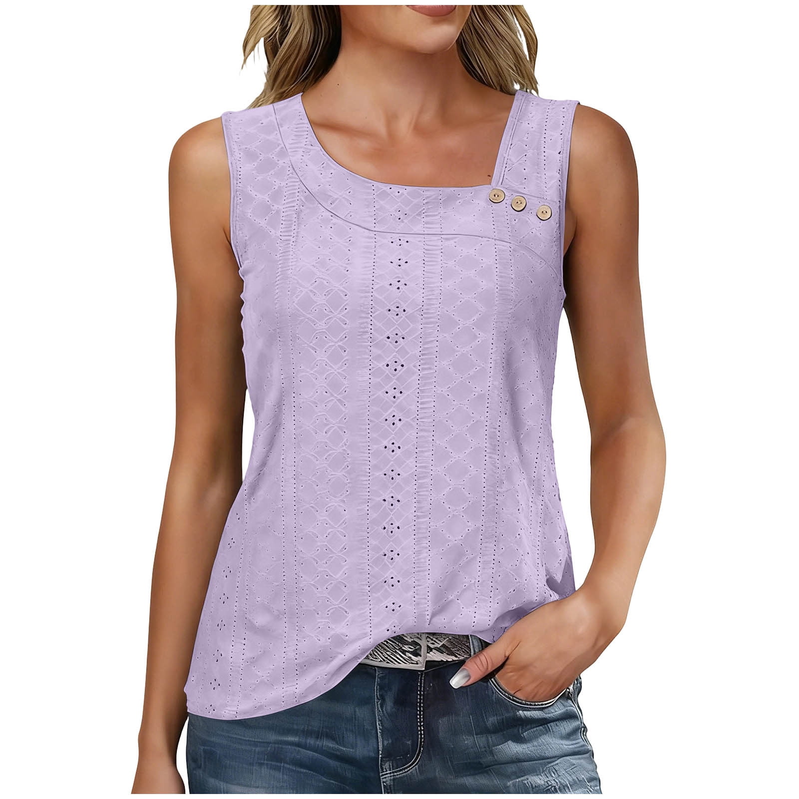 Enjoytime Tank Tops for Women Summer Hollow Out Square Neck Button ...