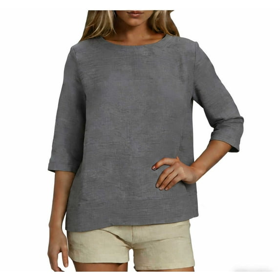 Enjoytime Tops for Women Solid Color V-Neck Cotton Linen 3/4 Sleeve ...