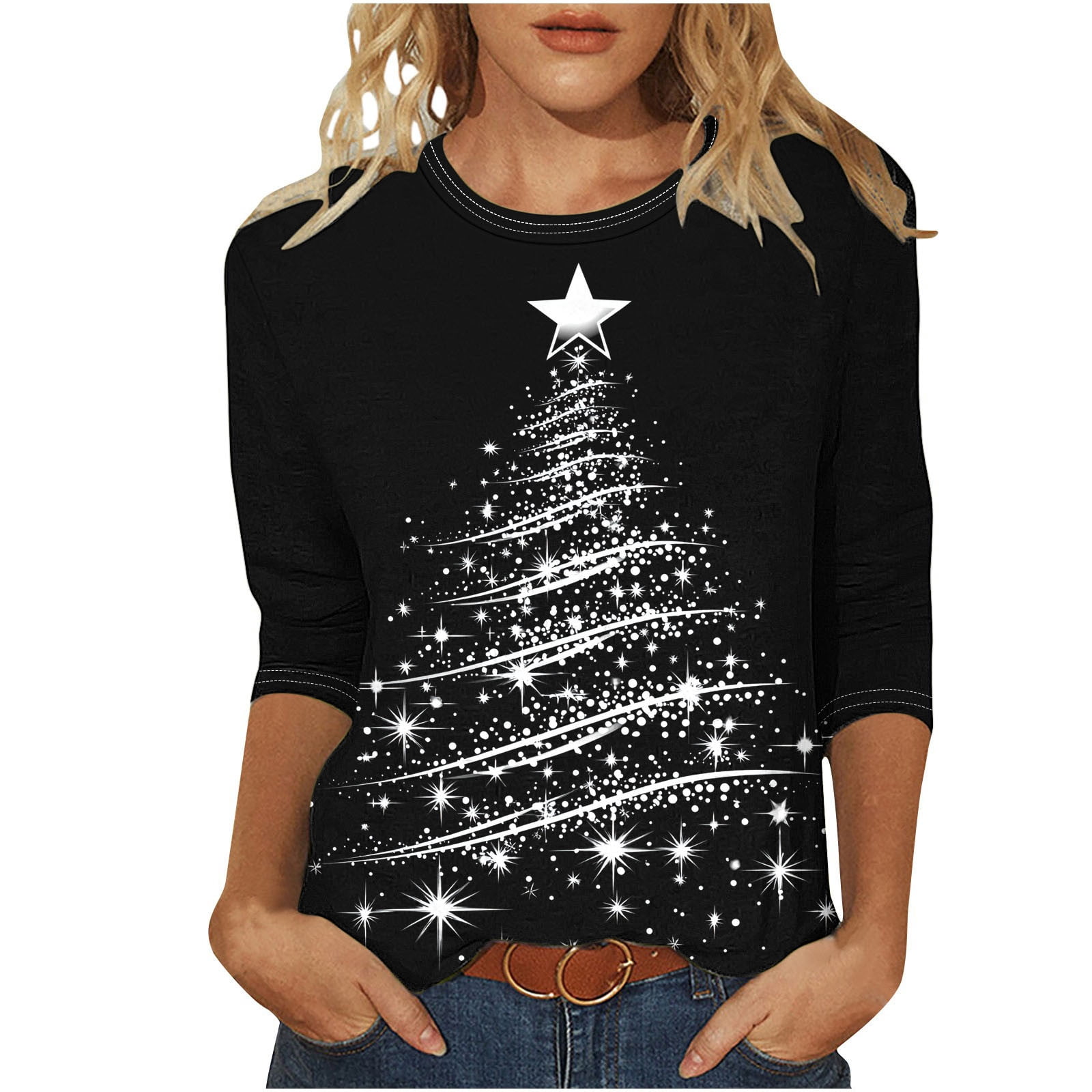 Enjoytime Tops for Women 2025 Christmas Tree Printed Round Neck Casual ...
