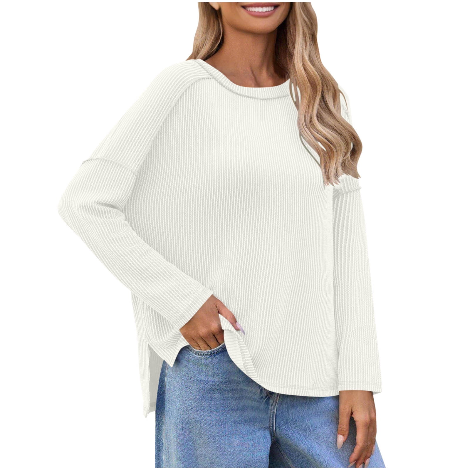 Enjoytime Tops for Women Solid Color Crew Neck Long Sleeve Shirt Travel ...