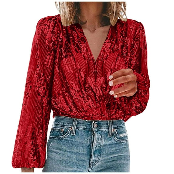 Enjoytime Tops for Women Trendy Sequined V-Neck Long Sleeve Blouse ...