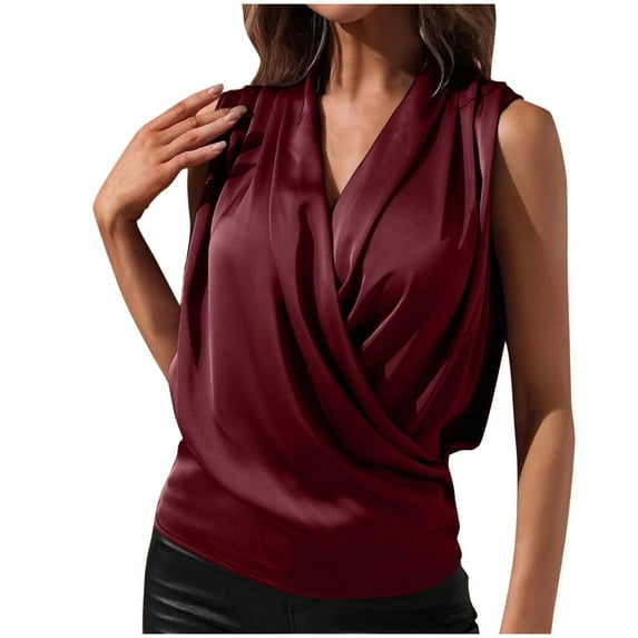 Enjoytime Tops for Women V-Neck Pleated Satin Sleeveless Tank Tops ...