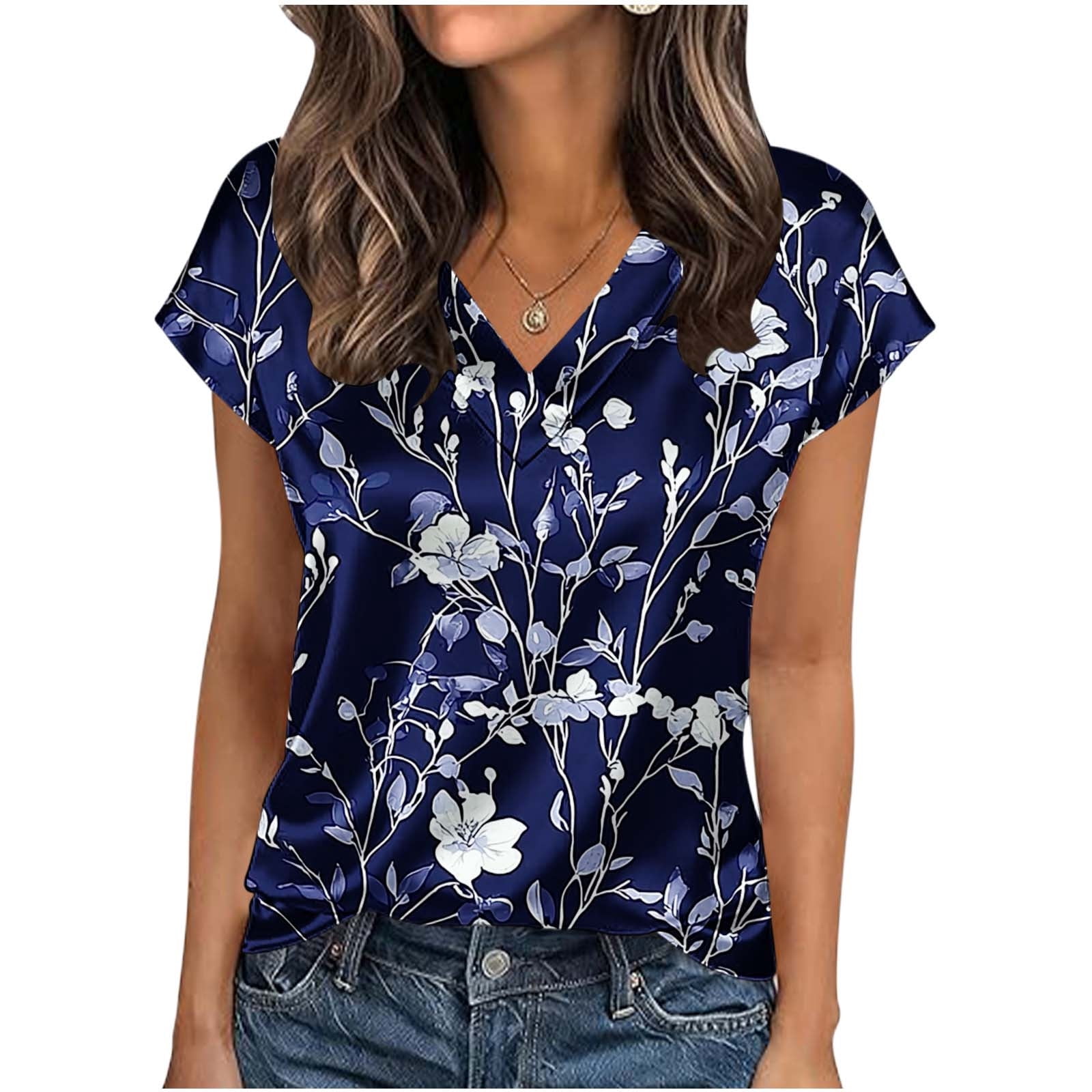 Enjoytime Tops for Women Vintage Printed V-Neck Short Sleeve Blouse ...
