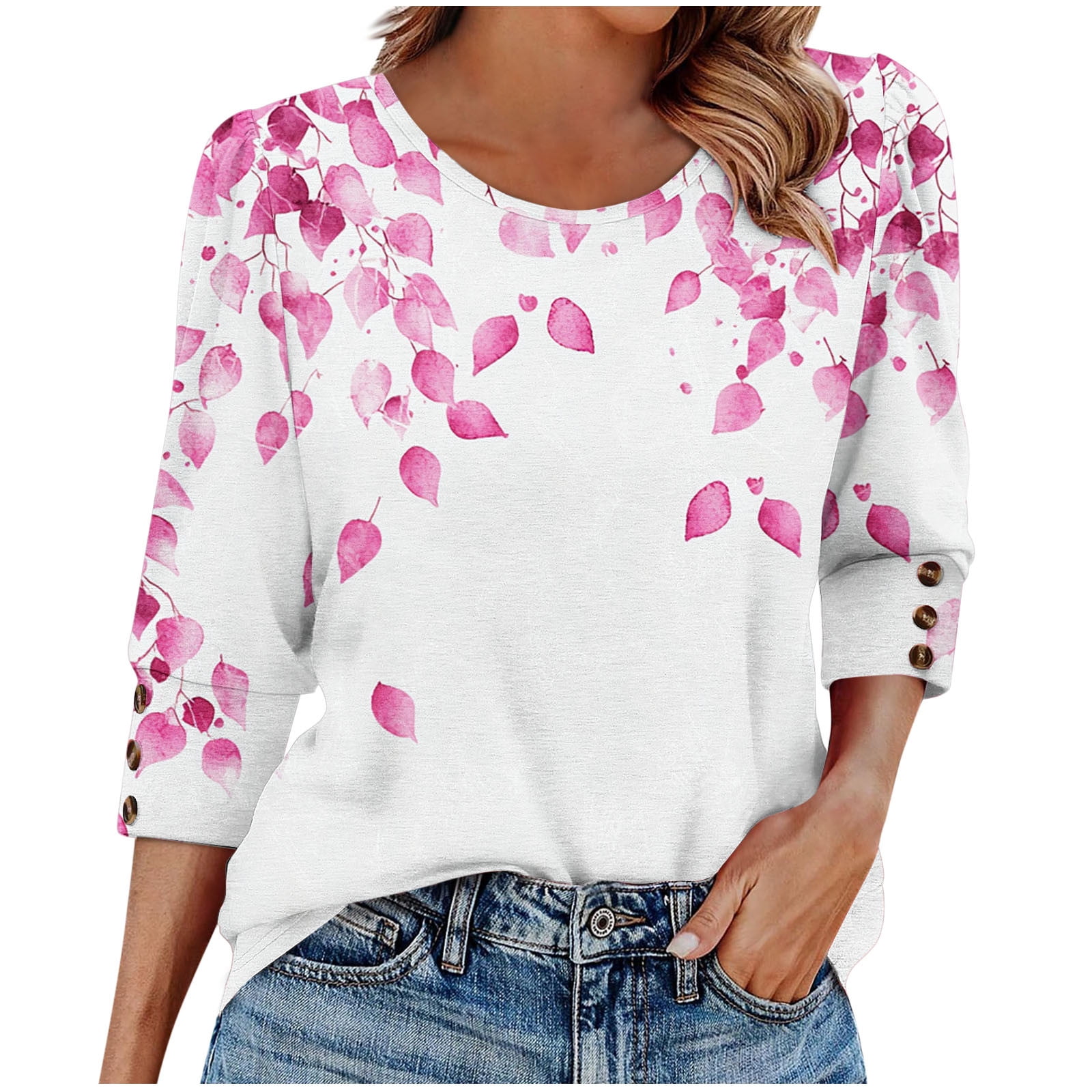 Enjoytime Trendy Tops for Women 2025 Floral Printed Round Neck 3/4 ...
