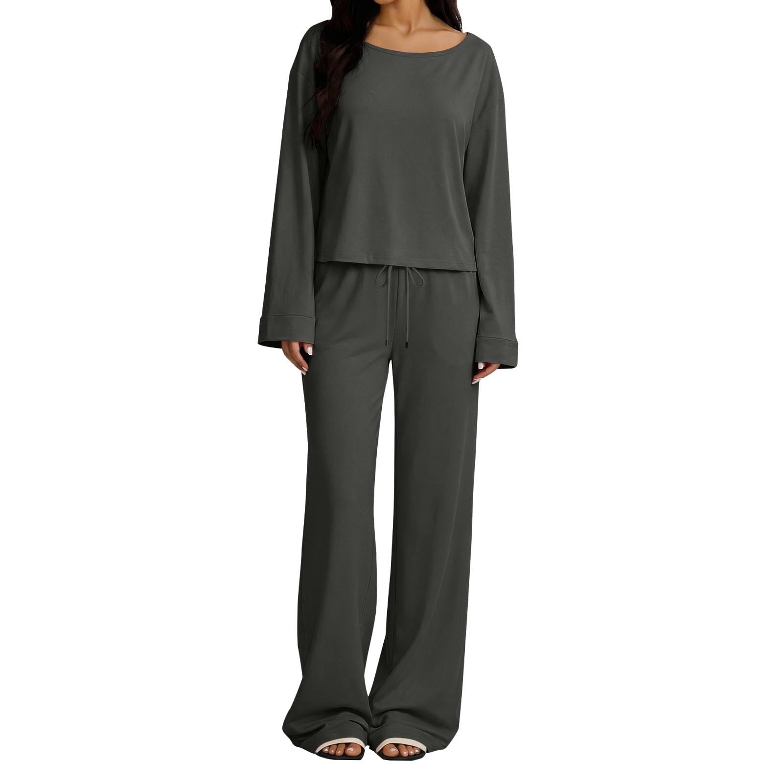 Enjoytime Two Piece Sets for Women Solid Color Crewneck Long Sleeve ...