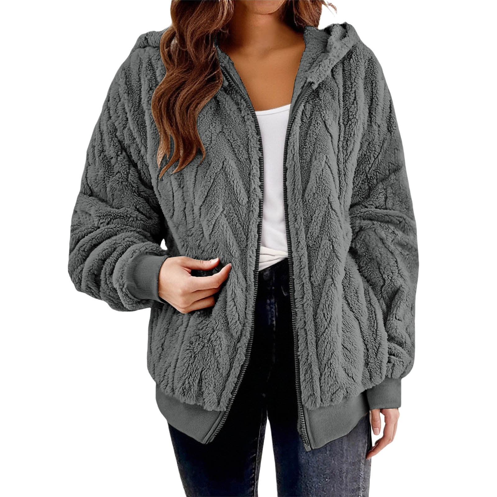Enjoytime Winter Coats for Women Solid Color Long Sleeve Zip Up Jacket with Hood Fall Trendy ...
