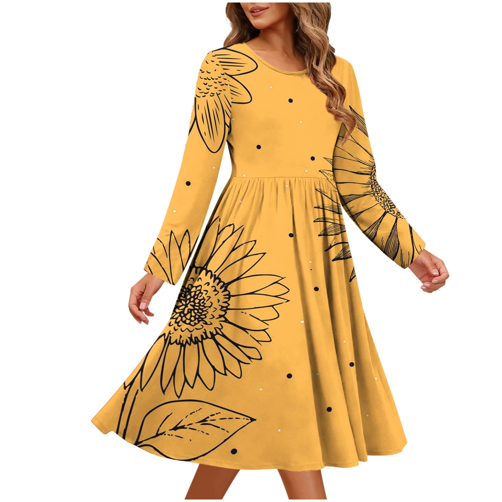 Enjoytime Woman Dresses Floral Printed Round Neck Long Sleeve Dress ...
