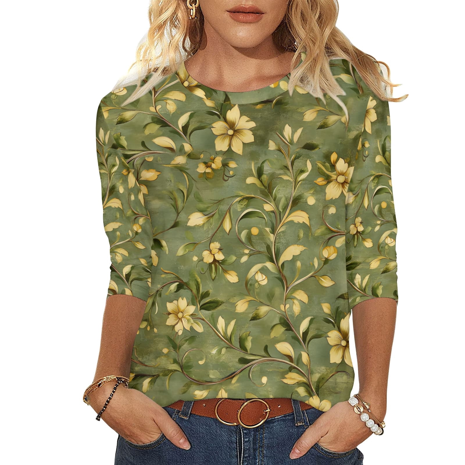 Enjoytime Womans Shirts Floral Printed Crewneck 3/4 Sleeve Blouses ...