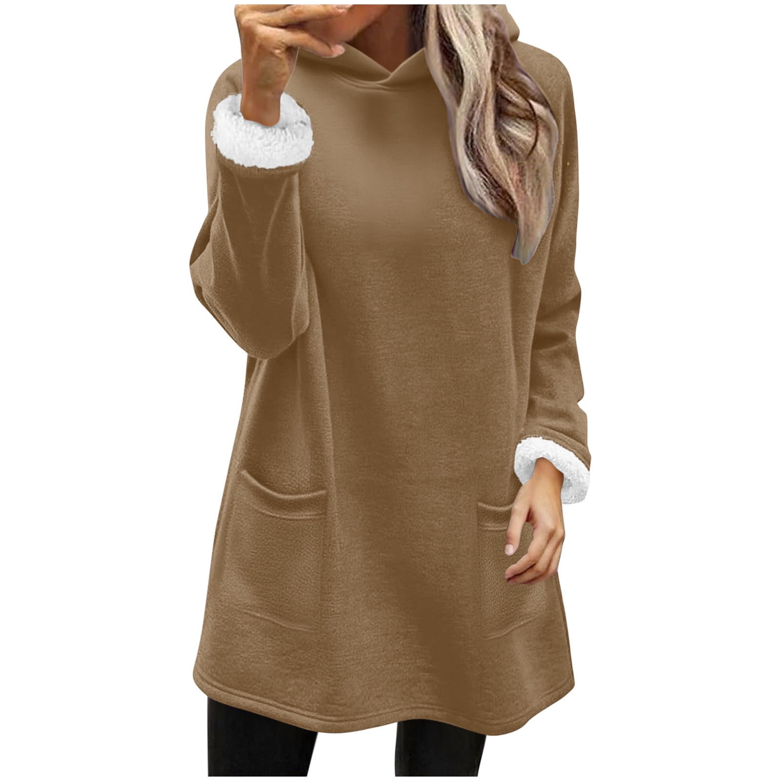 Enjoytime Women Blouses Solid Color Crew Neck Long Sleeve Hooded Shirts ...