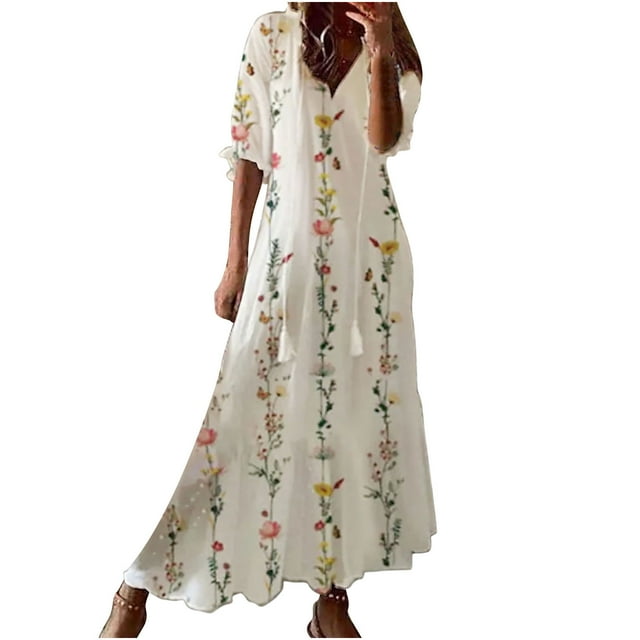Enjoytime Women Casual Loose Boho Floral Dress Elbow Length Sleeve Long ...