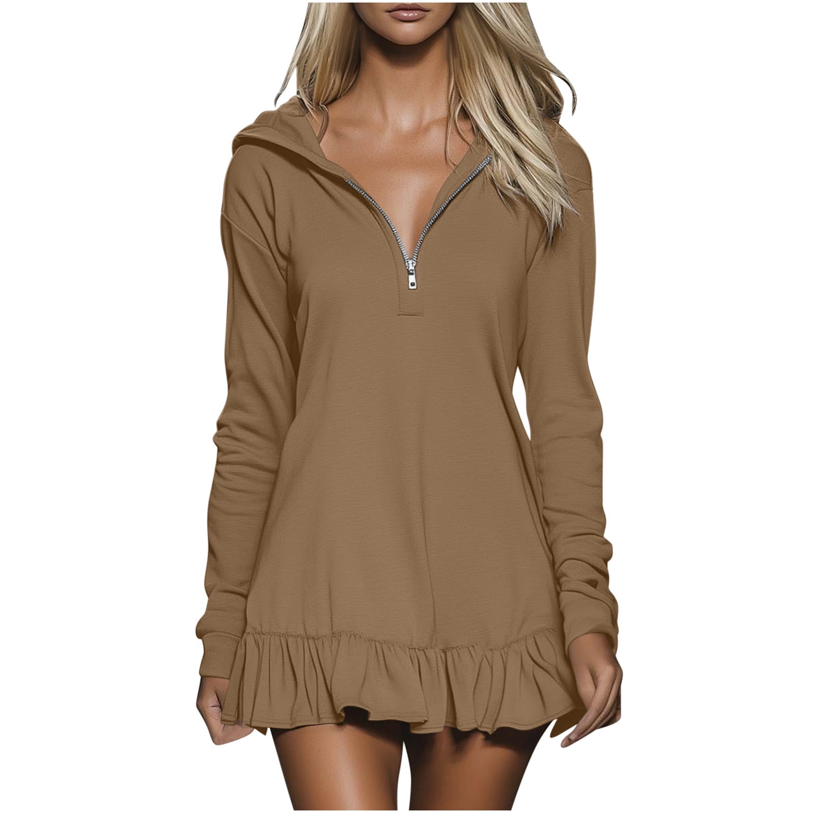 Enjoytime Women Dress Solid Color Round Neck Long Sleeve Half Zipper ...