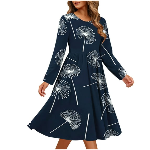 Enjoytime Women Dress Vintage Printed Round Neck Long Sleeve Midi Dress ...