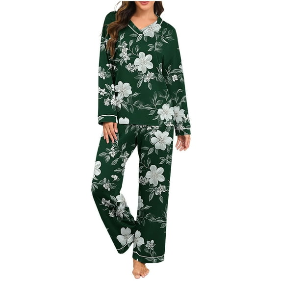 Enjoytime Women Pajamas Floral Printed V-Neck Long Sleeve Blouse Pants Two Piece Set Plus Size ...