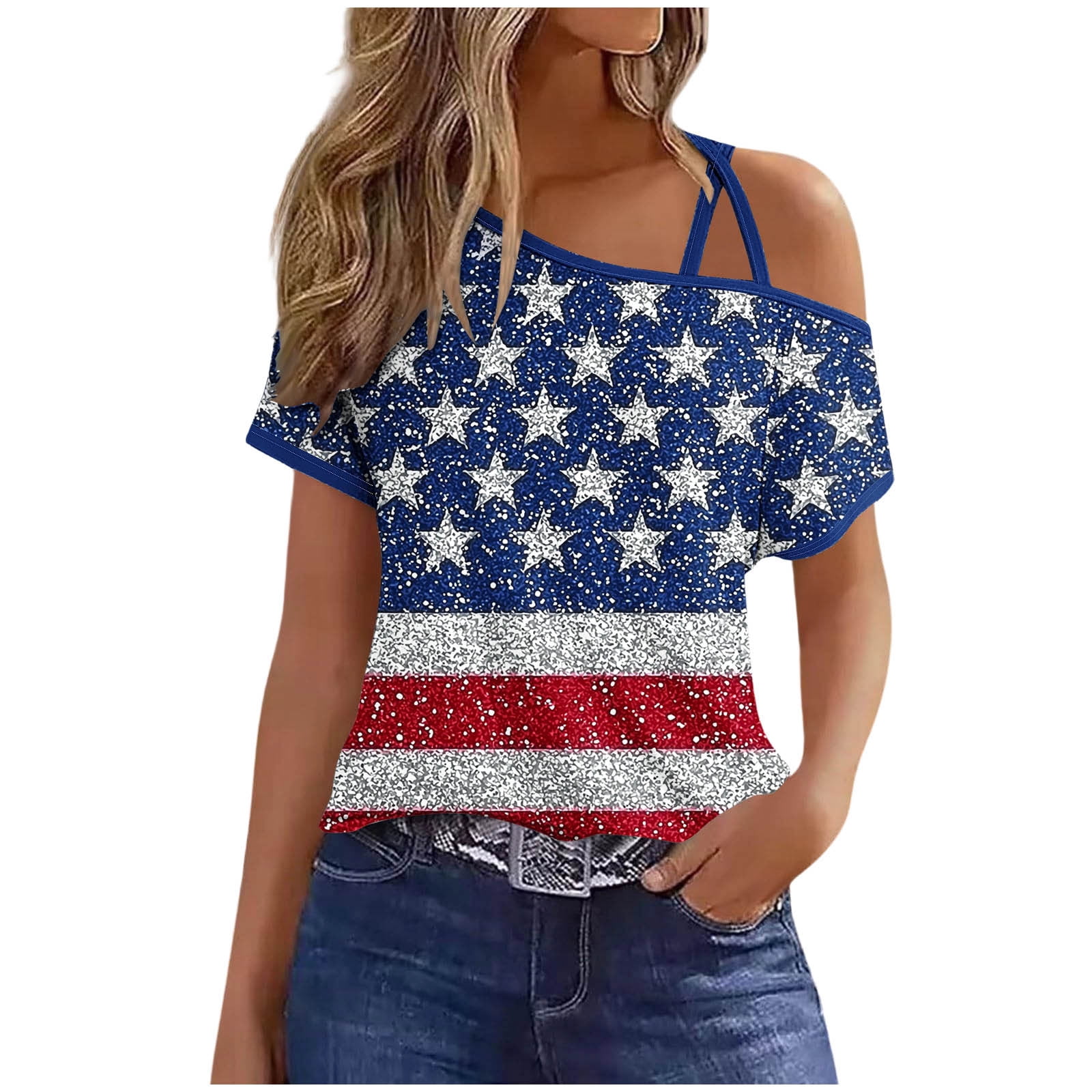 Enjoytime Women Shirts 4Th Of July Criss Cross One Shoulder Short ...