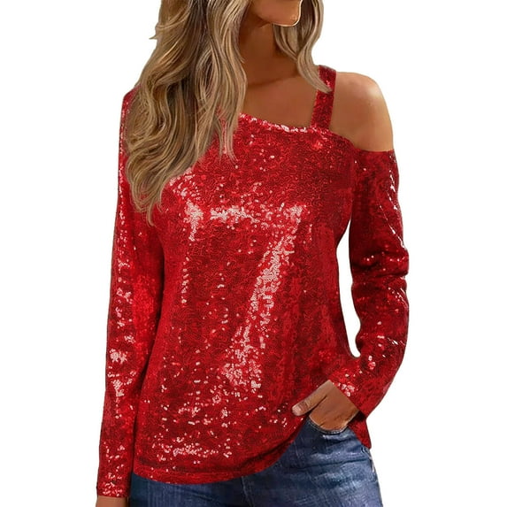 Enjoytime Women Tops Solid Color Sparkly Sequin One Shoulder Long ...