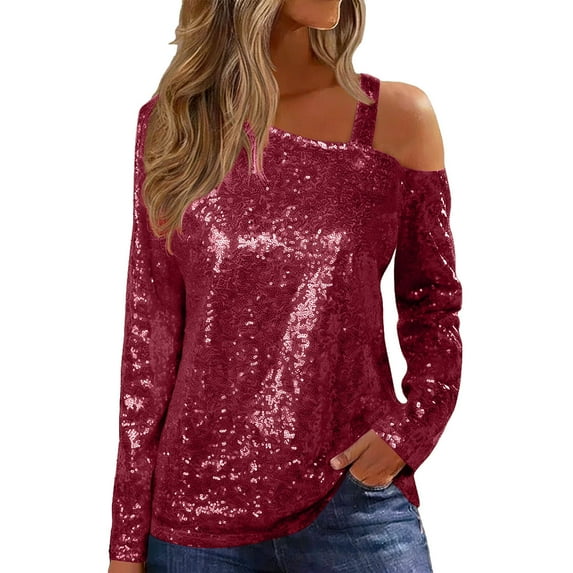 Enjoytime Women Tops Solid Color Sparkly Sequin One Shoulder Long ...