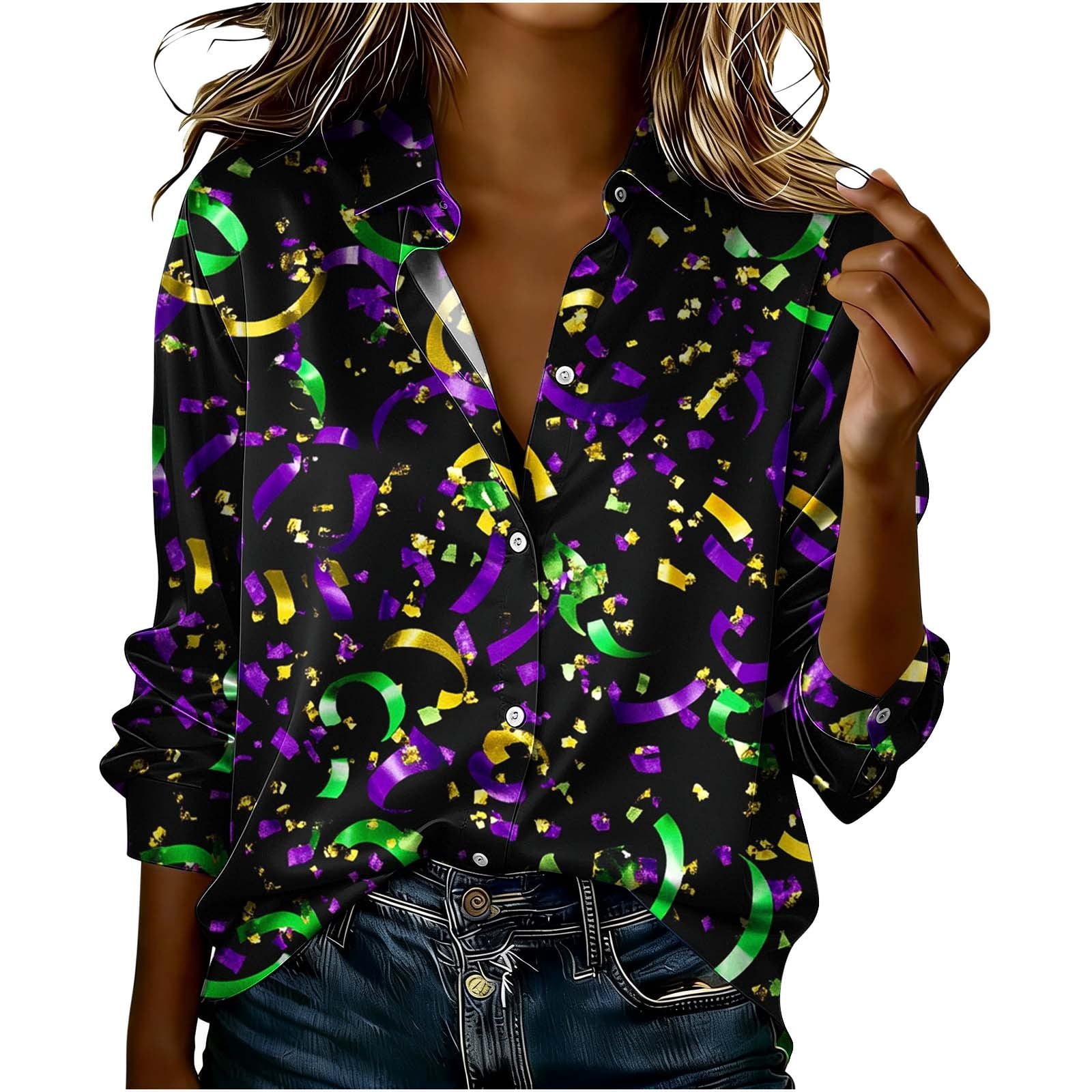 Enjoytime Women's Blouses Mardi Gras Printed Long Sleeve Collared ...