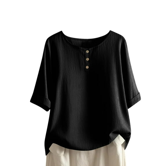 Enjoytime Women's Blouses Solid Color Round Neck Button Down Shirts ...