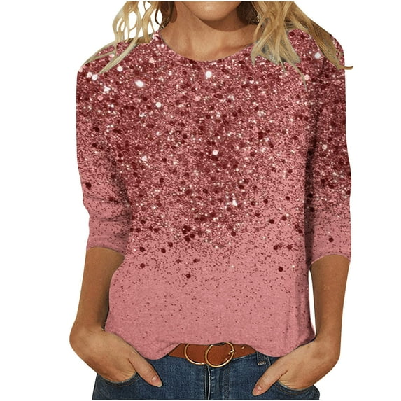 Enjoytime Women's Blouses Sparkly Sequin Printed Round Neck 3/4 Sleeve ...