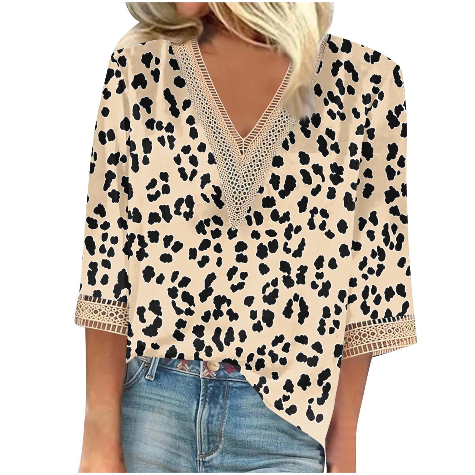 Enjoytime Women's Blouses Vintage Printed Lace V-Neck 3/4 Sleeve Shirts ...