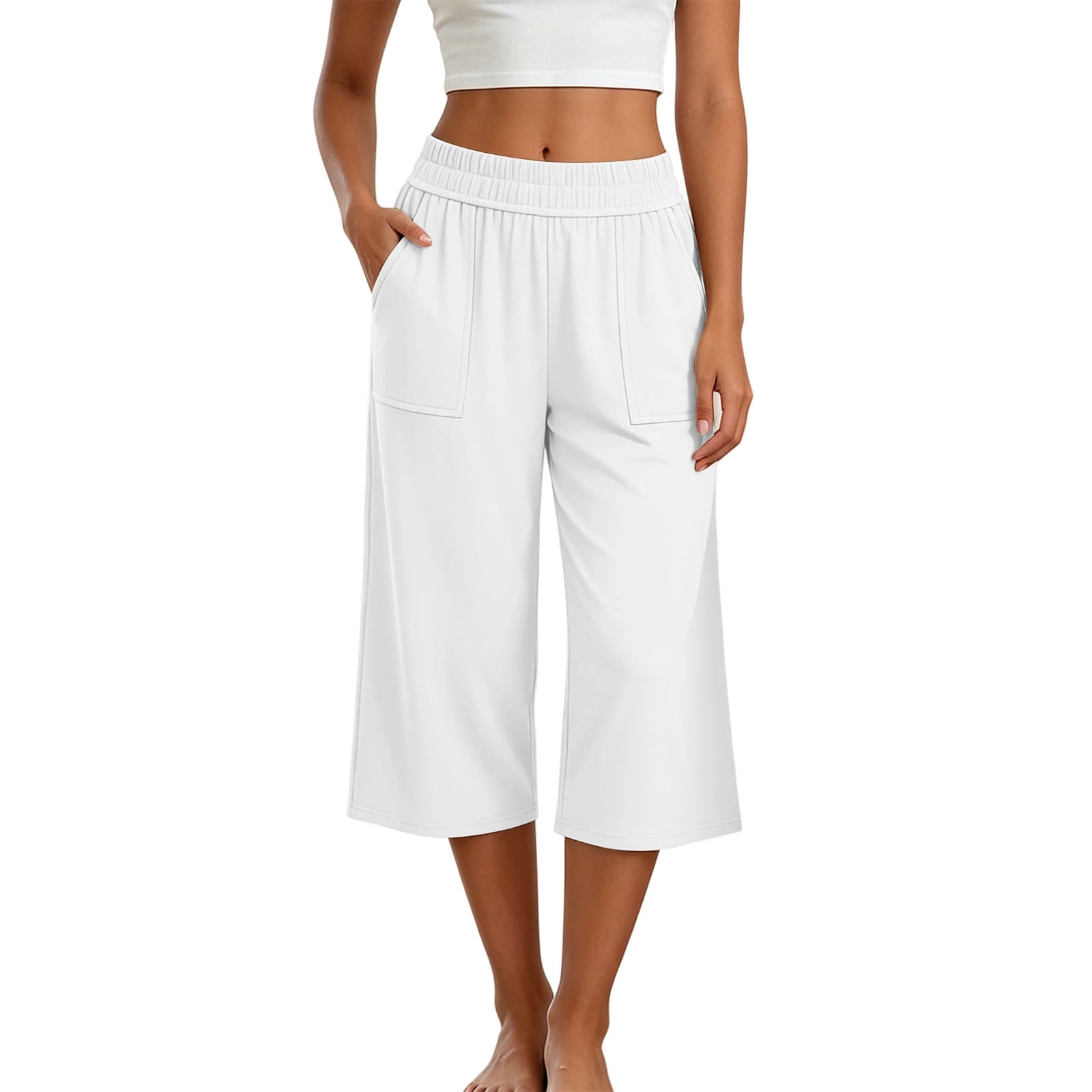 Enjoytime Women's Capri Pants Elastic Waist Straight Wide Leg Cropped ...