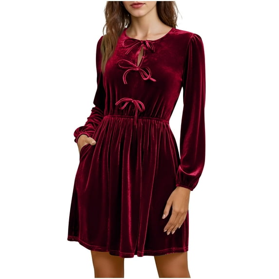 Enjoytime Women's Dresses Solid Color V-Neck Long Sleeve Dress with Bow ...