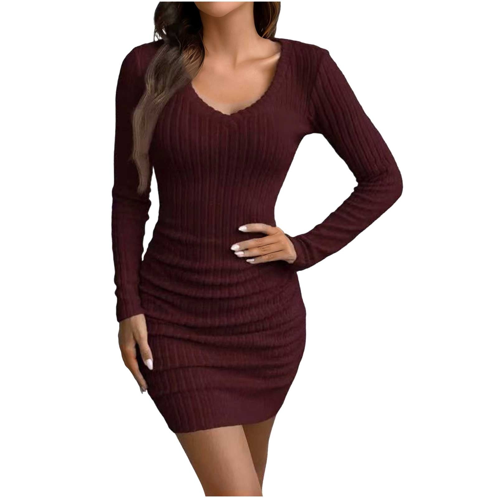 Enjoytime Women's Dresses Solid Color V-Neck Pleated Slim Bodycon Long ...