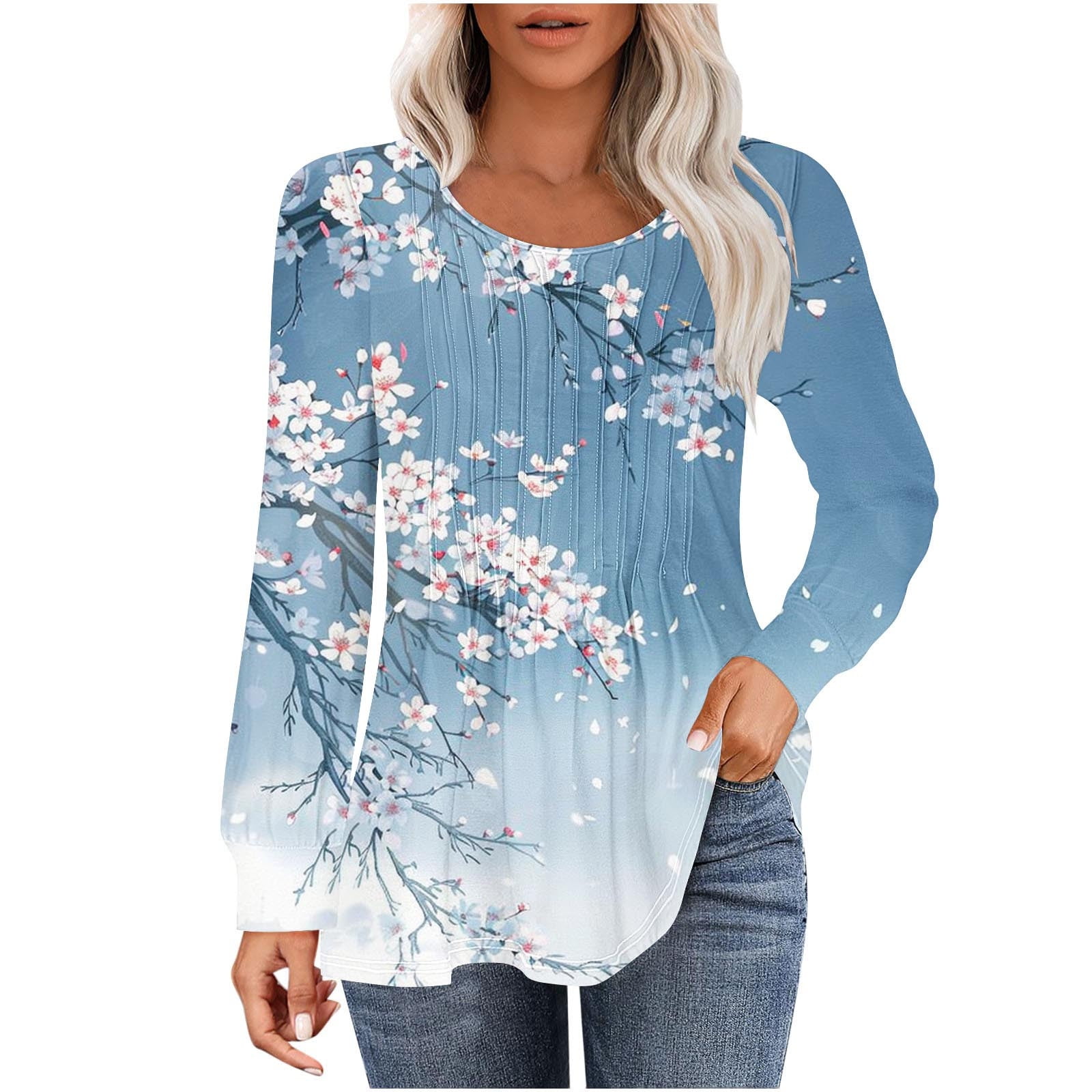 Enjoytime Women's Long Sleeve Tunic Tops Pleated Crew Neck Floral ...