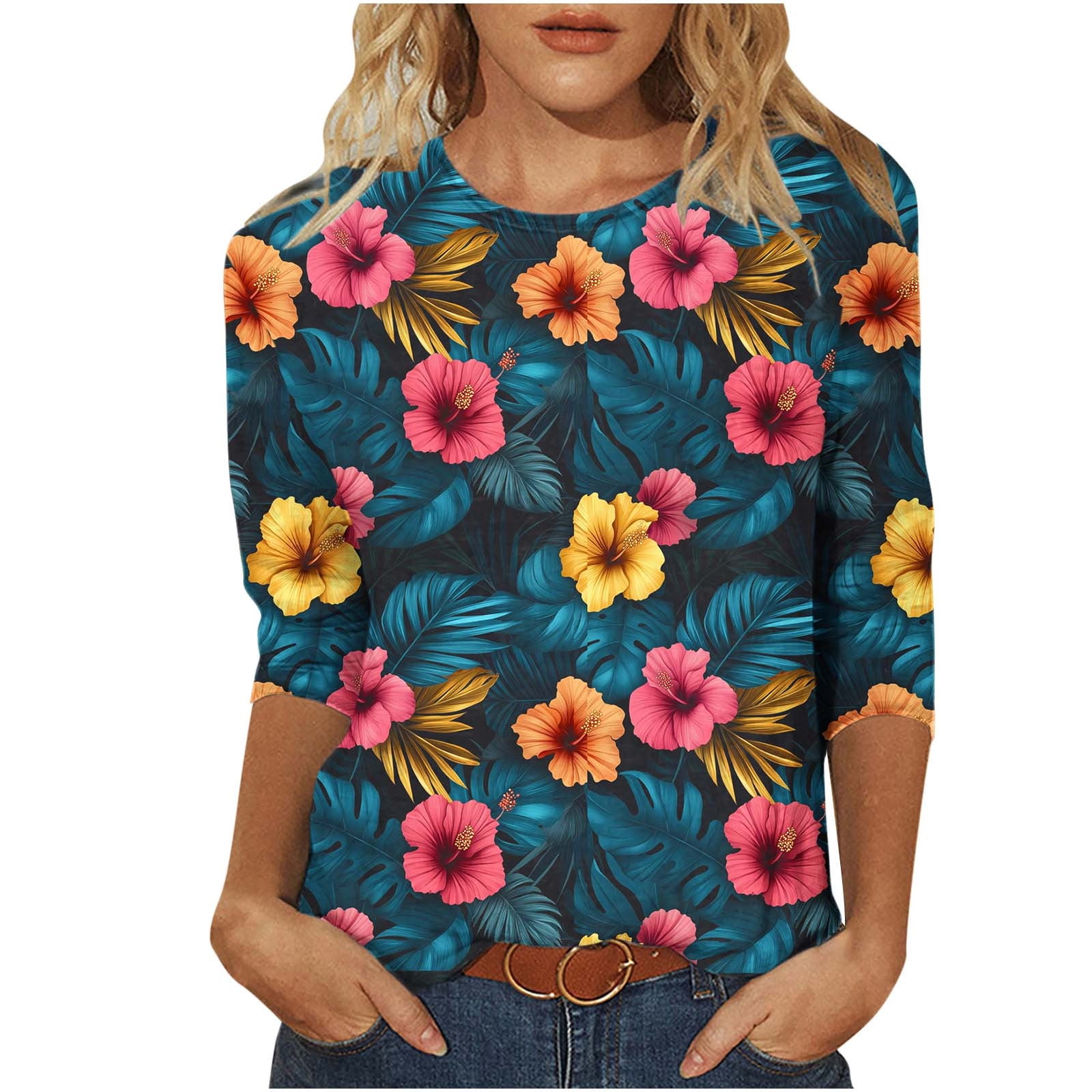 Enjoytime Women's Shirts Floral Printed Crewneck 3/4 Sleeve Tops Spring ...