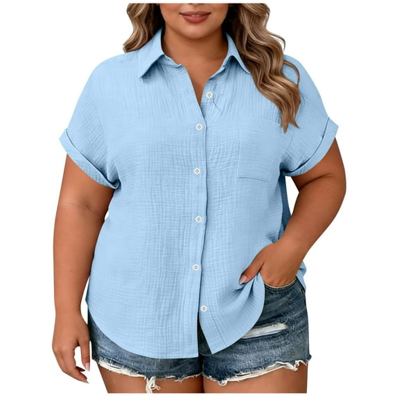 Enjoytime Women's Tops Solid Color Collared Neck Short Sleeve Button ...