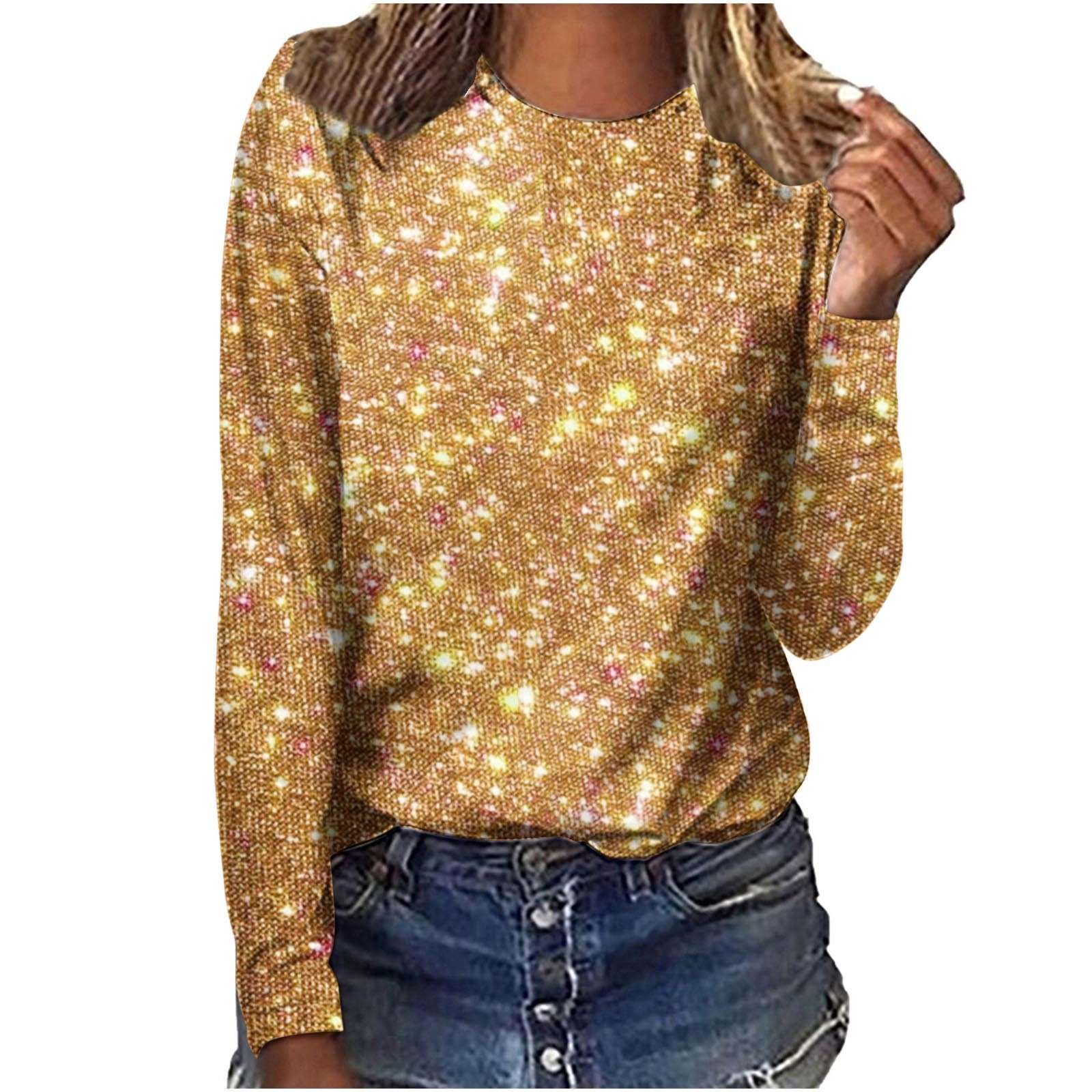 Enjoytime Women's Tops Solid Color Long Sleeve Sequin Sparkle Shirt ...