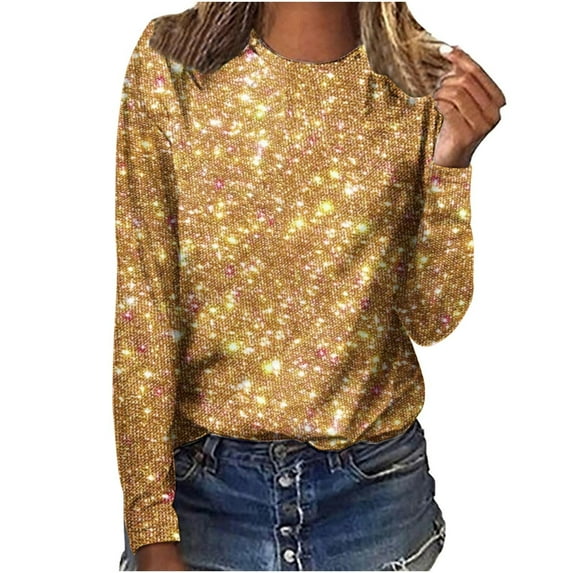 Enjoytime Women's Tops Solid Color Long Sleeve Sequin Sparkle Shirt ...