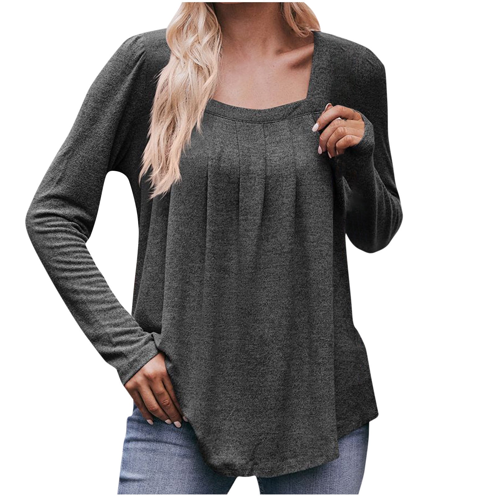 Enjoytime Women's Winter Tops Solid Color Long Sleeve Pleated Blouse ...