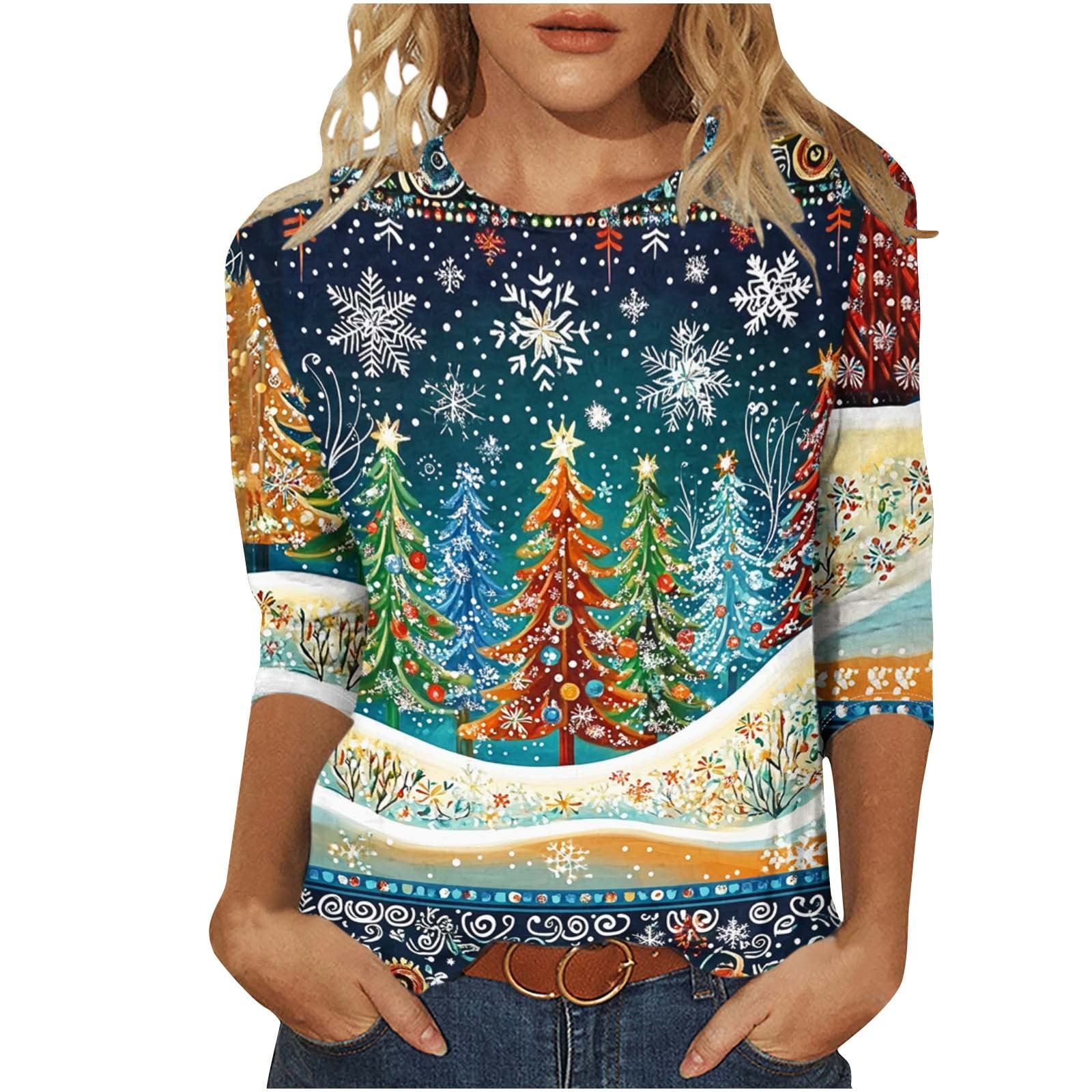 Enjoytime Womens 3/4 Sleeve Winter Tops Christmas Tree Printed Round ...