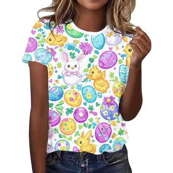 Enjoytime Womens Blouses Casual Easter Eggs Printed Round Neck Short ...