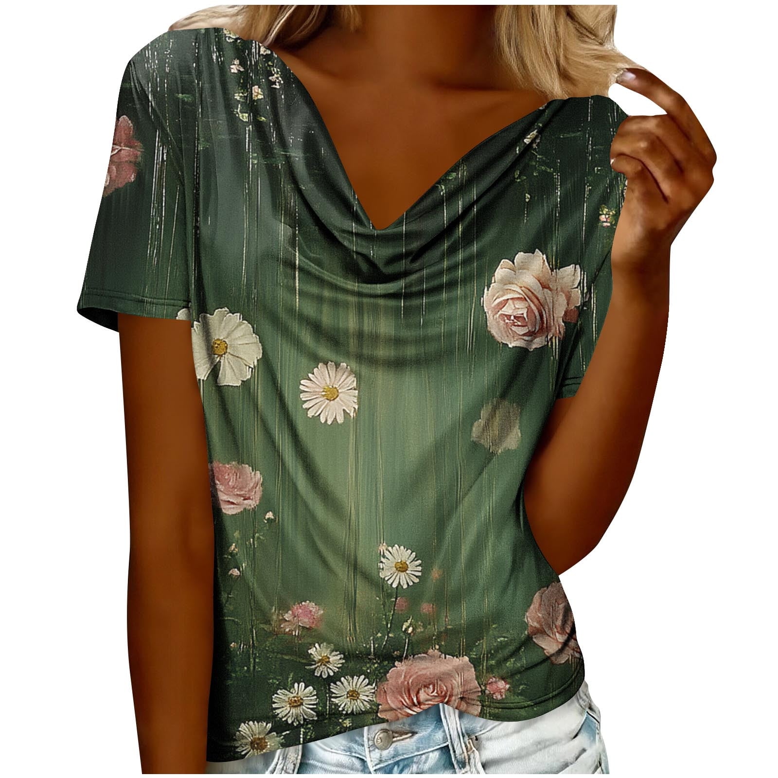 Enjoytime Womens Blouses Floral Printed Pile Collar Short Sleeve Tops ...