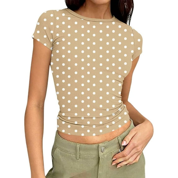 Enjoytime Womens Blouses Polka Dots Round Neck Short Sleeve Basic Crop ...