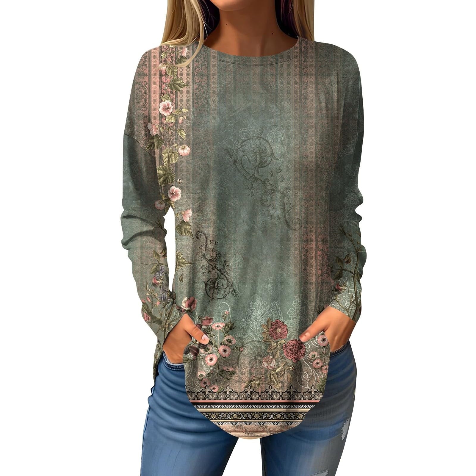 Enjoytime Womens Blouses Round Neck Floral Prinded Fall Winter Shirts ...