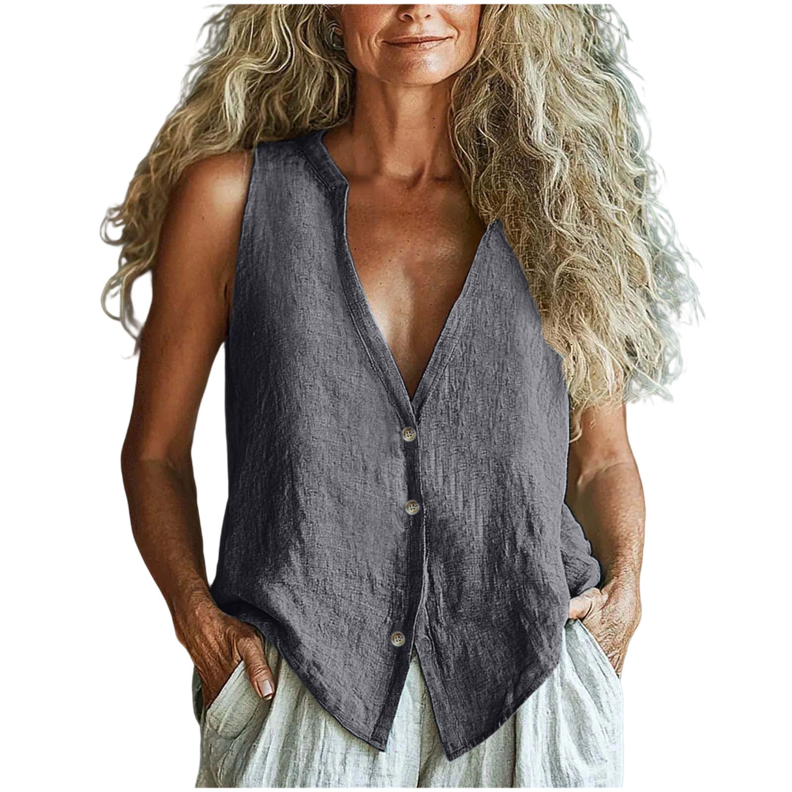 Enjoytime Womens Blouses Solid Color Casual Sleeveless Button Down ...