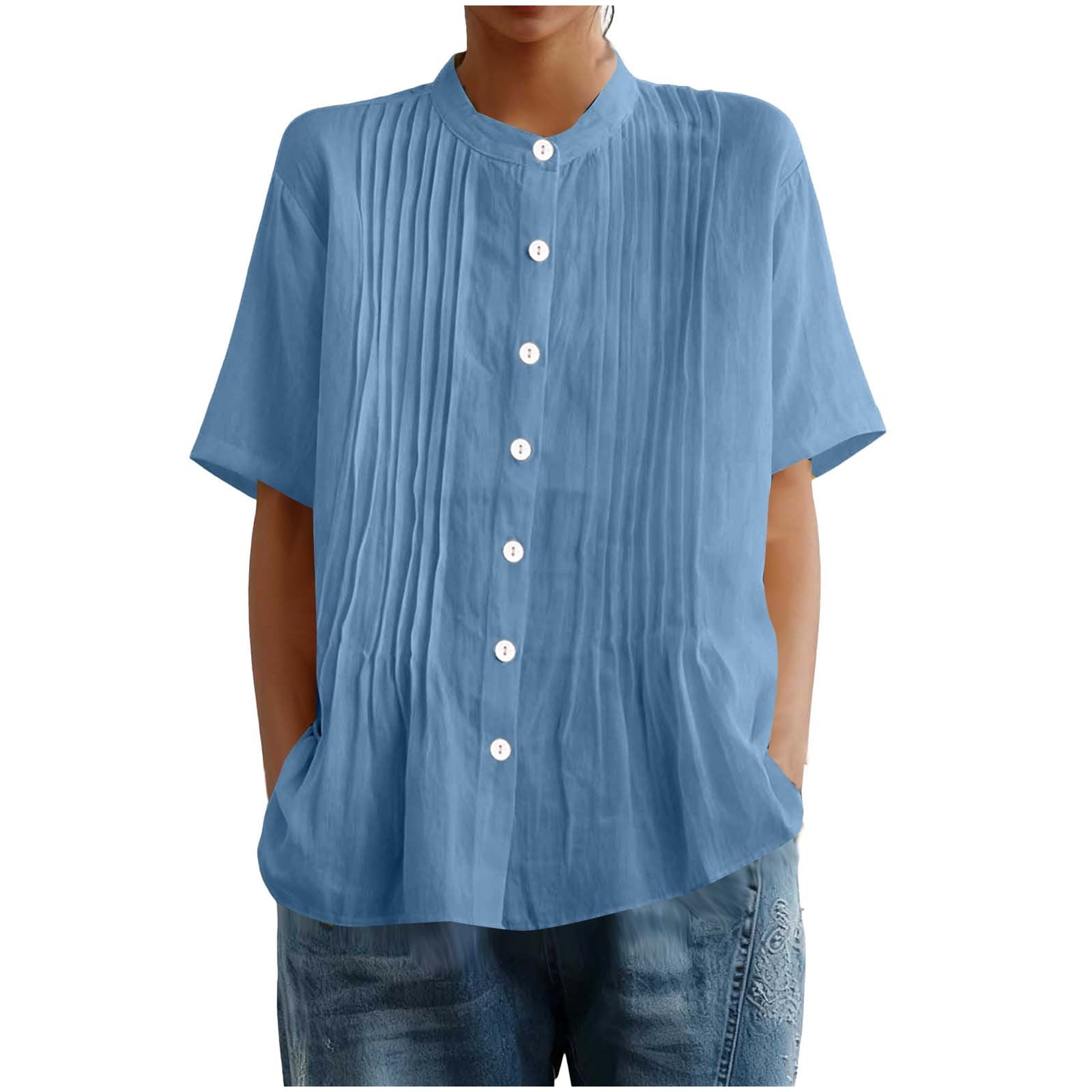 Enjoytime Womens Blouses Solid Color Round Neck Pleated Button Down ...