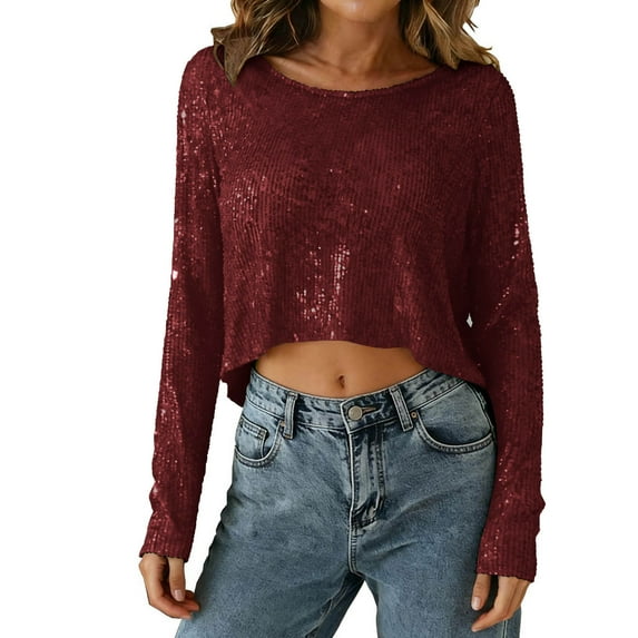 Enjoytime Womens Blouses Solid Color Sequin Sparkly Round Neck Crop ...