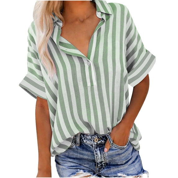 Enjoytime Womens Blouses Striped Short Sleeve Collared V Neck Half ...