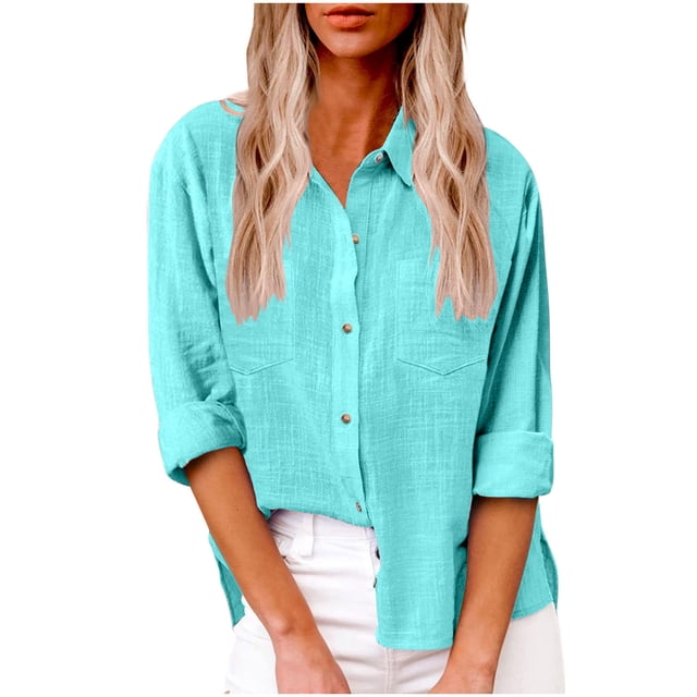 Enjoytime Womens Button Down Shirts Solid Color Loose Blouse Long ...