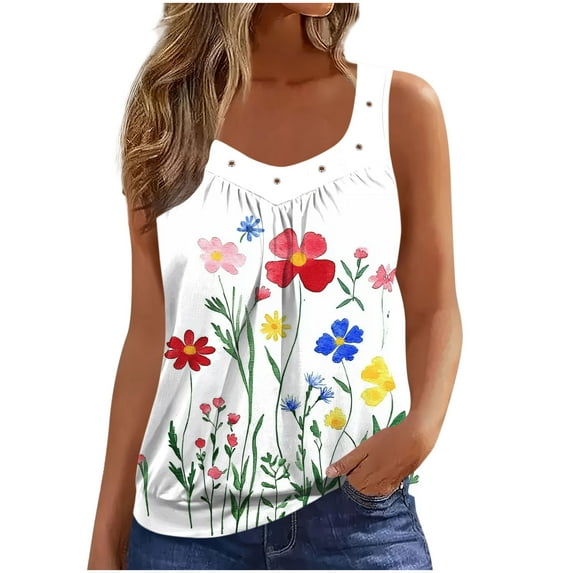 Enjoytime Womens Casual Tops Floral Printed Sleeveless Crewneck Blouse ...