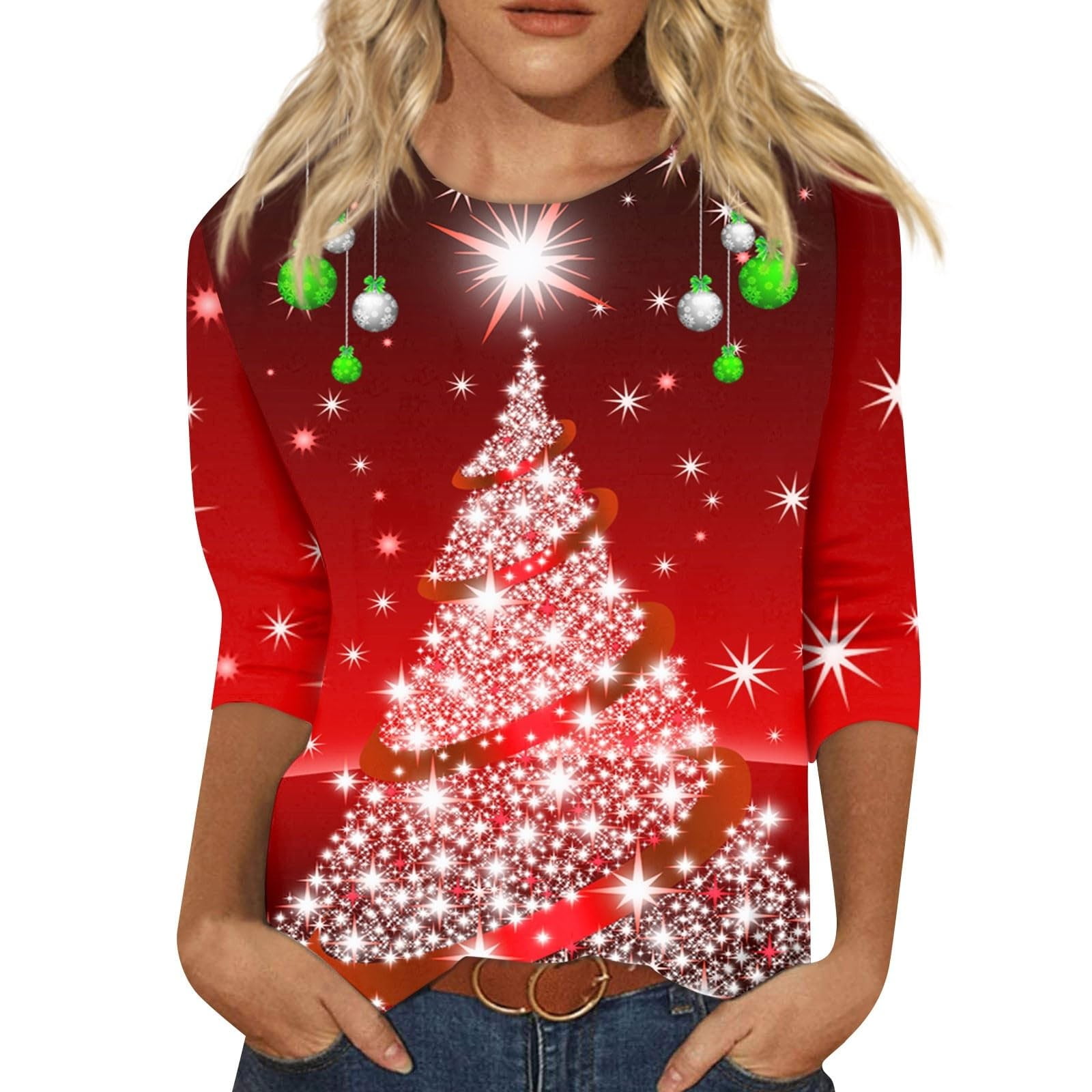 Enjoytime Womens Christmas Shirts Plus Size Casual Cute Tree Print ...