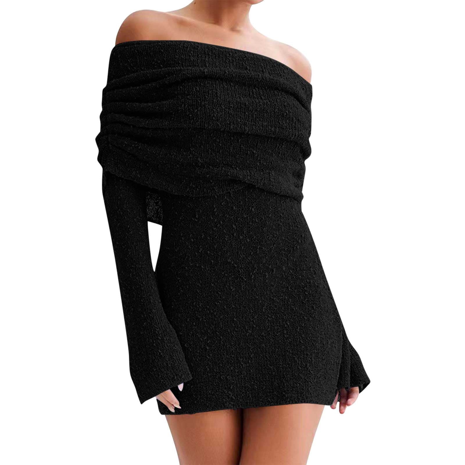 Enjoytime Womens Dresses Solid Color Off Shoulder Folded Neck Knit Mini ...